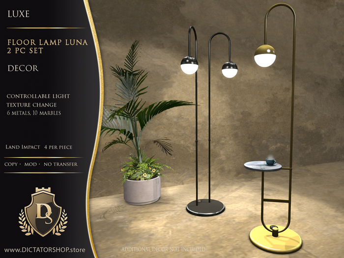 Second Life Marketplace - [Ds] Luxe - Floor Lamp Luna 2pc Set Decor